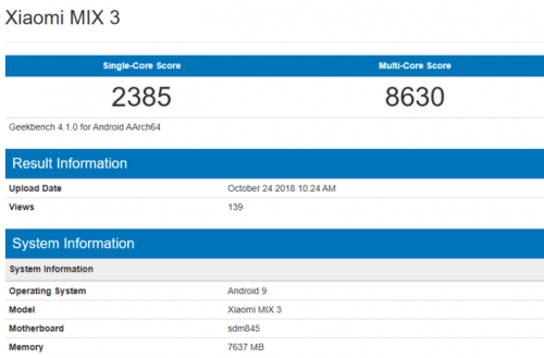 小米MIX 3跑分现身GeekBench 10GB版本尚未出现_百科TA说