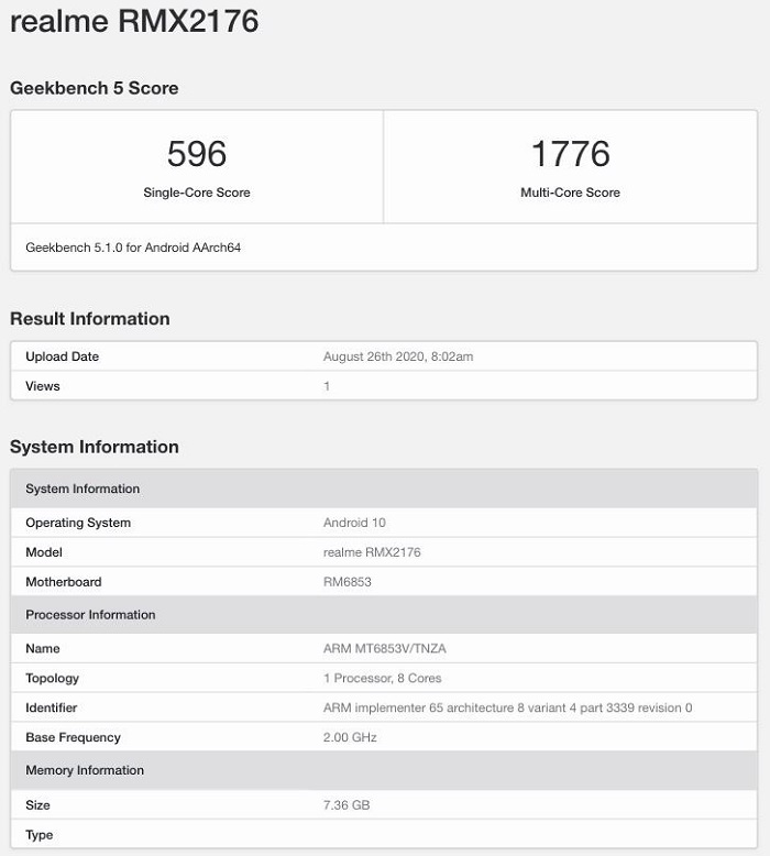 Geekbench曝光：Realme X7采用联发科天玑720 SoC和8GB RAM_百科TA说