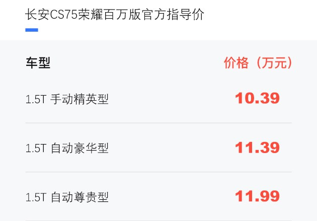 长安CS75荣耀百万版上市 售10.39-11.99万元_百科TA说